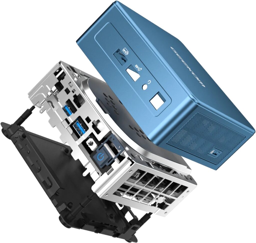 On the front of the office mini PC are two USB 3.2 Gen 2 ports, a 3.5mm ...