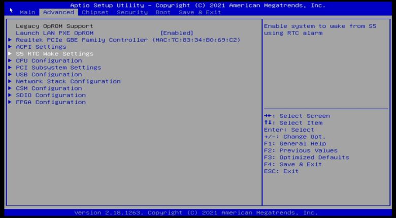 Dans la liste des éléments, sélectionnez S5 RTC Wake Settings