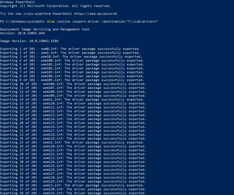 Your system will then begin exporting all the drivers currently ...