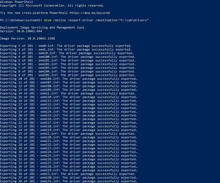 Your system will then begin exporting all the drivers currently ...
