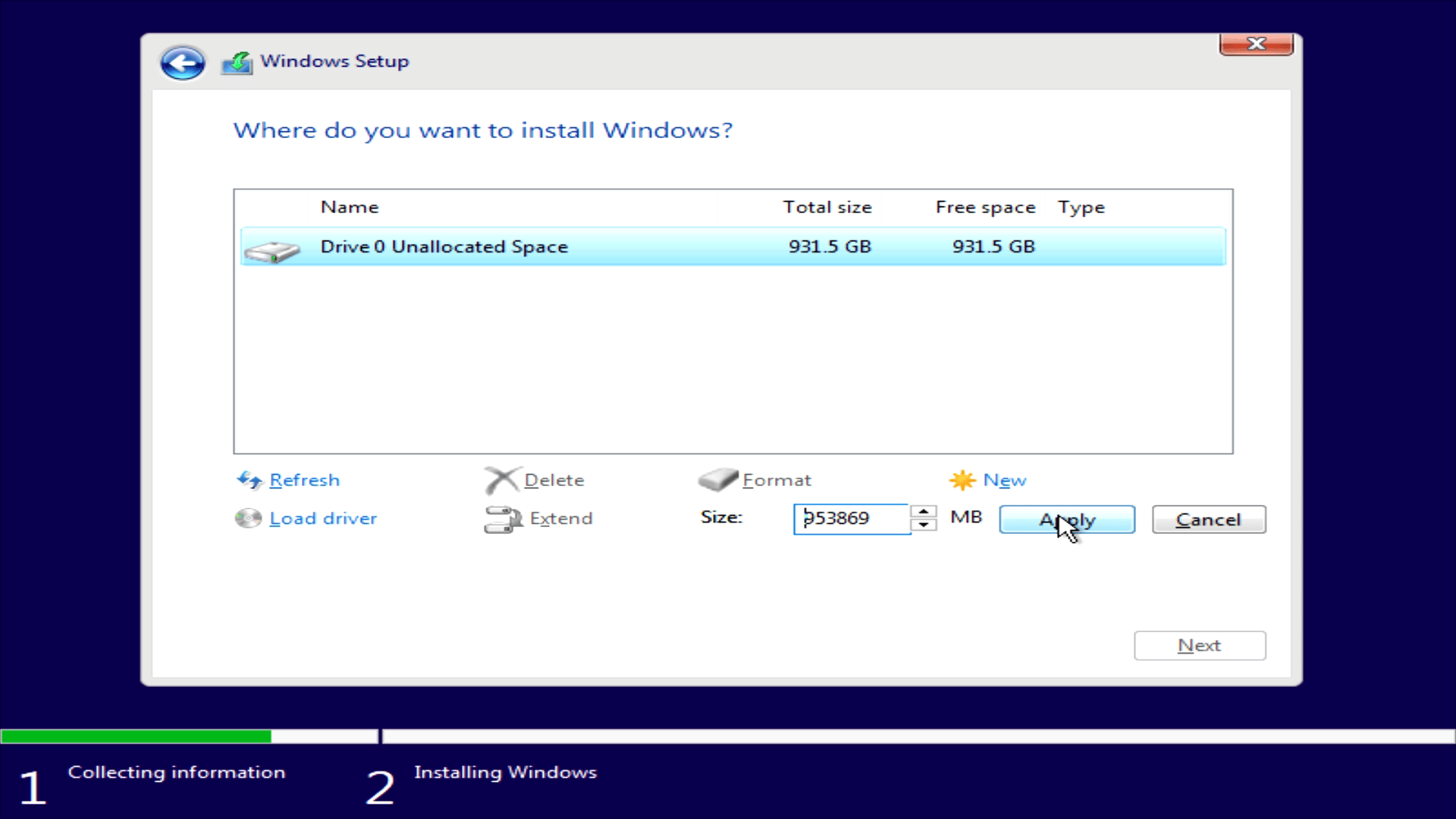 Click all the partitions on the drive and Delete them until you have ...
