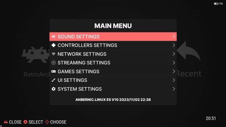 Sound Settings Controller Settings Network Settings Streaming Settings ...