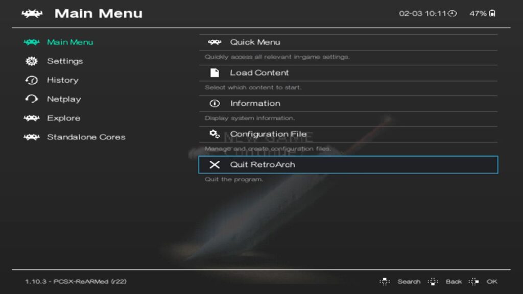 5. RetroArch quick menu 6. RetroArch main menu