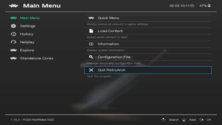 5. RetroArch quick menu 6. RetroArch main menu