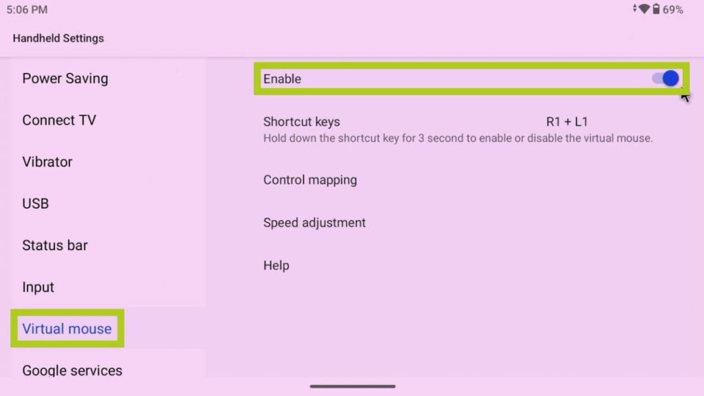 1. Handheld Settings 2. Enable Virtual Mouse