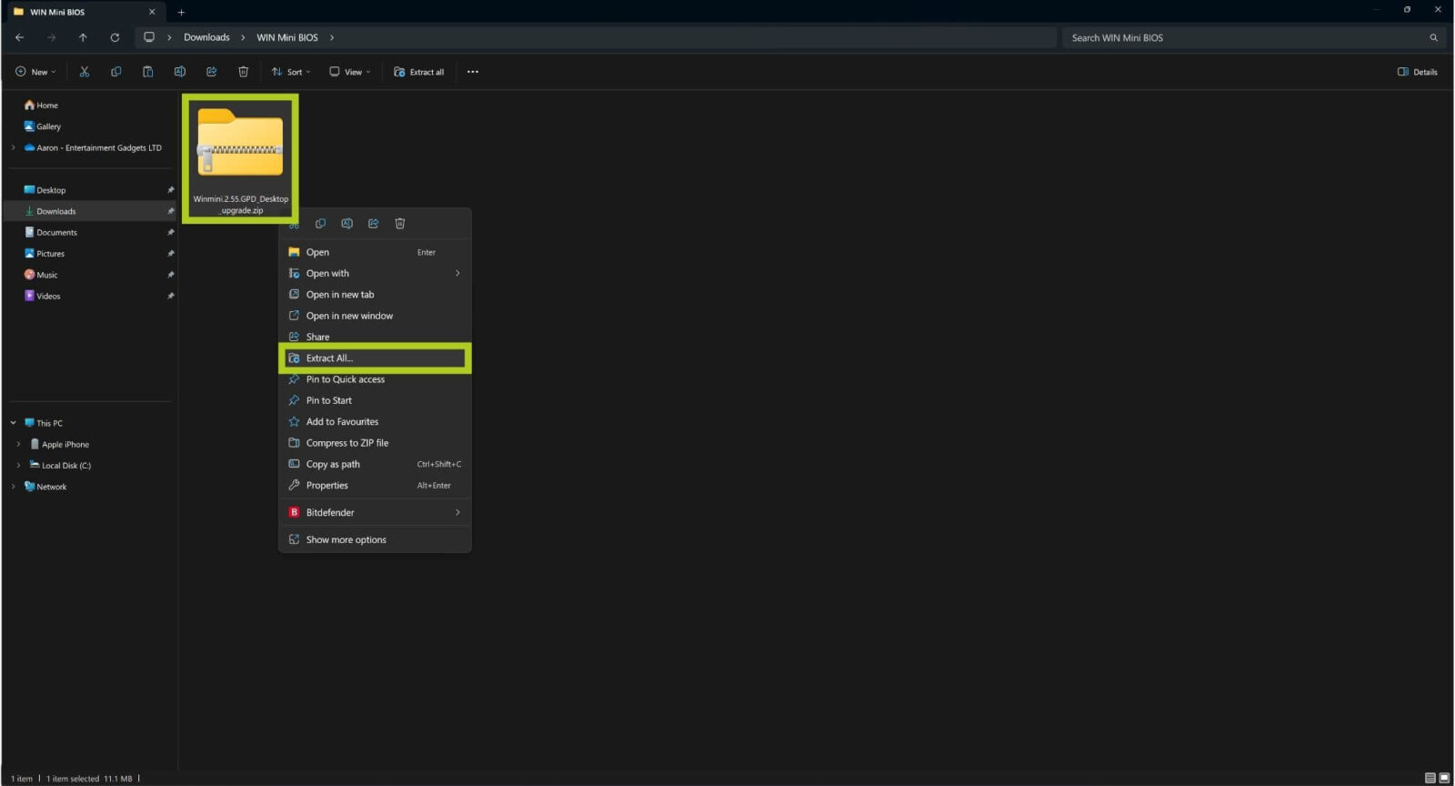 Right-click the compressed folder and select Extract All