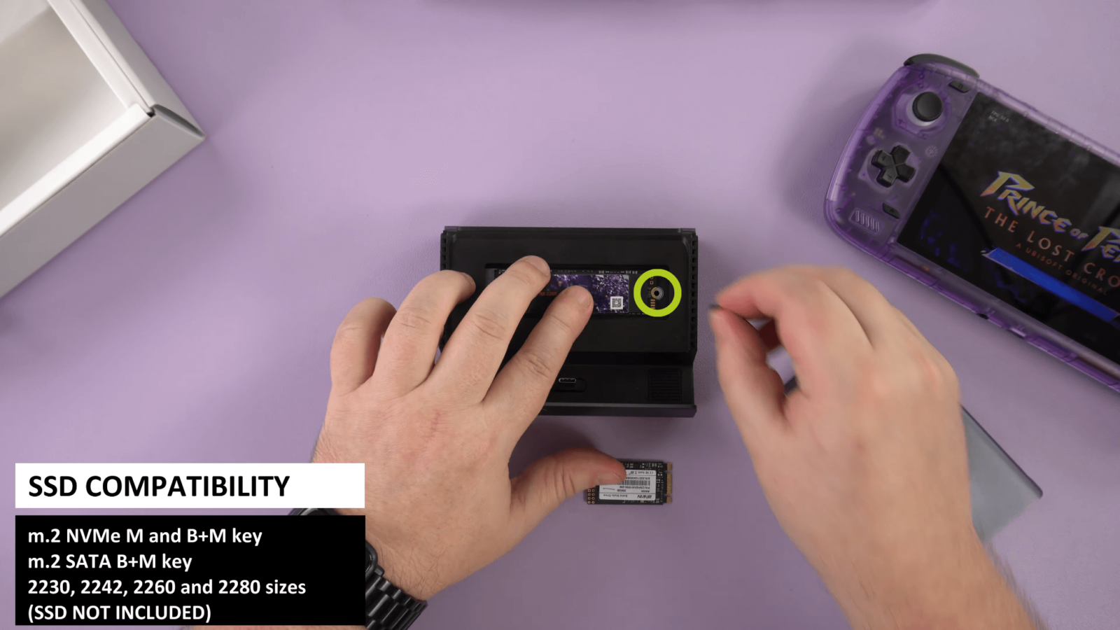 1. Open Dock enclosure 2. Install M.2 SSD 3. Secure M.2 SSD 4. Check M ...