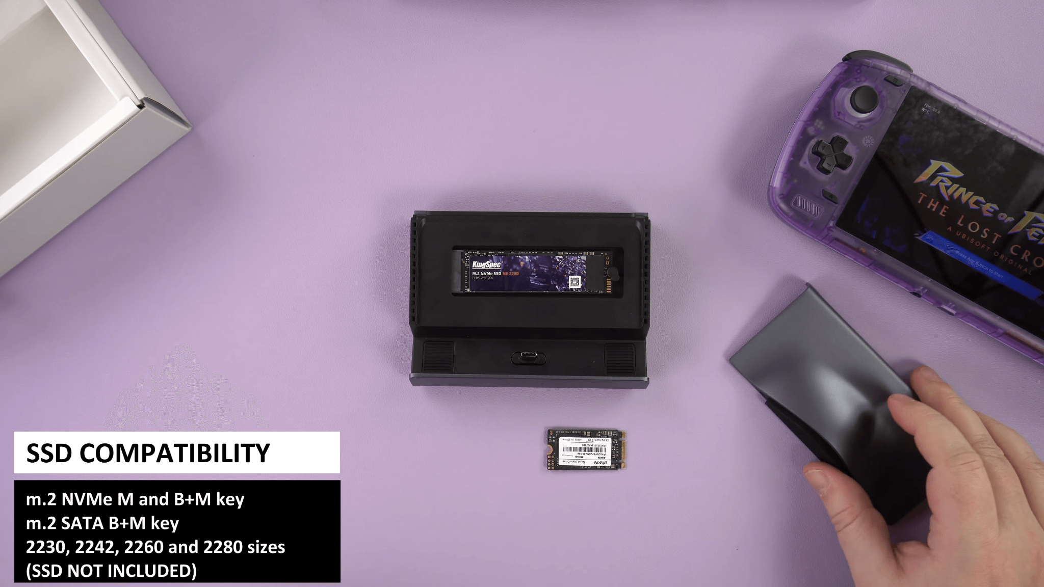 1. Open Dock enclosure 2. Install M.2 SSD 3. Secure M.2 SSD 4. Check M ...