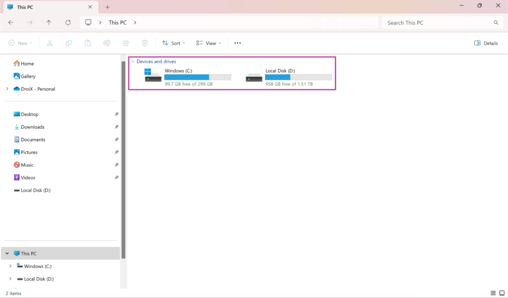 Select “This PC” Check Drives and total storage