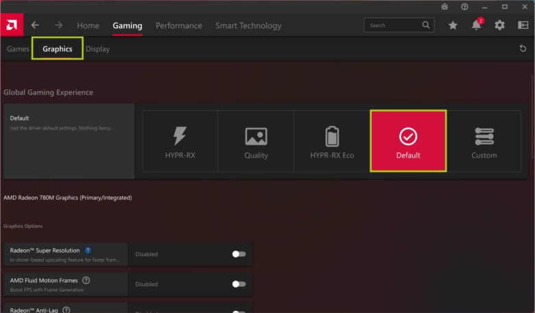 Navigate to ‘Gaming’ Navigate to ‘Graphics’ and select ‘Default’
