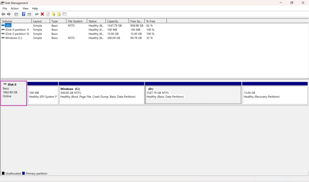 Select “Disk Management” Check total disk storage