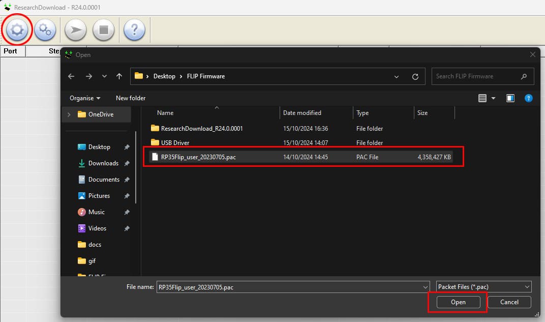 Click the single Cog icon in the top left area, and find/load the firmware update “ RP35Flip ...
