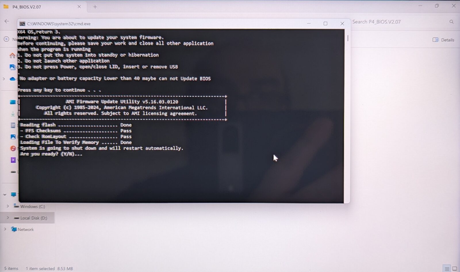 Once you have read the information, press any key to proceed with the upgrade. The first stage ...