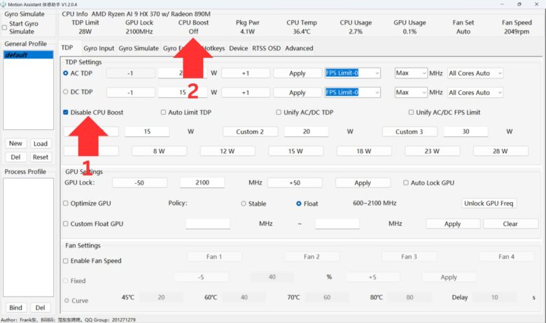 Click on Disable CPU Boost (1) and it will show the current status on ...