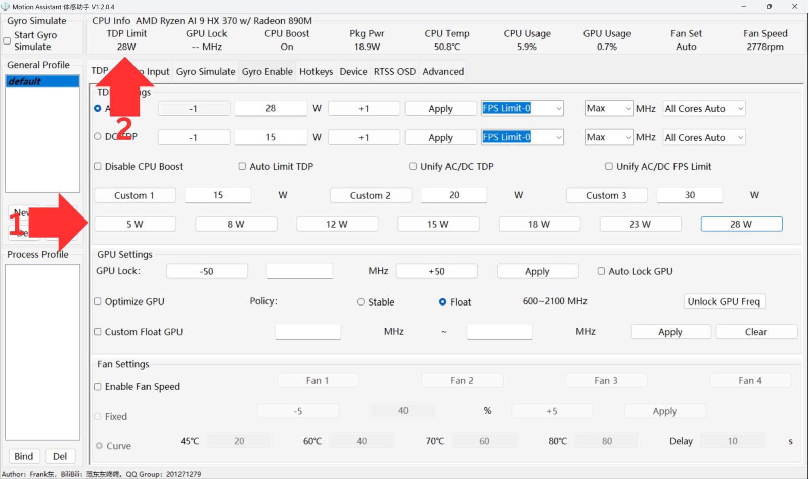 There are several predefined TDP settings (1) you can simply click on and the TDP Limit (2) will ...