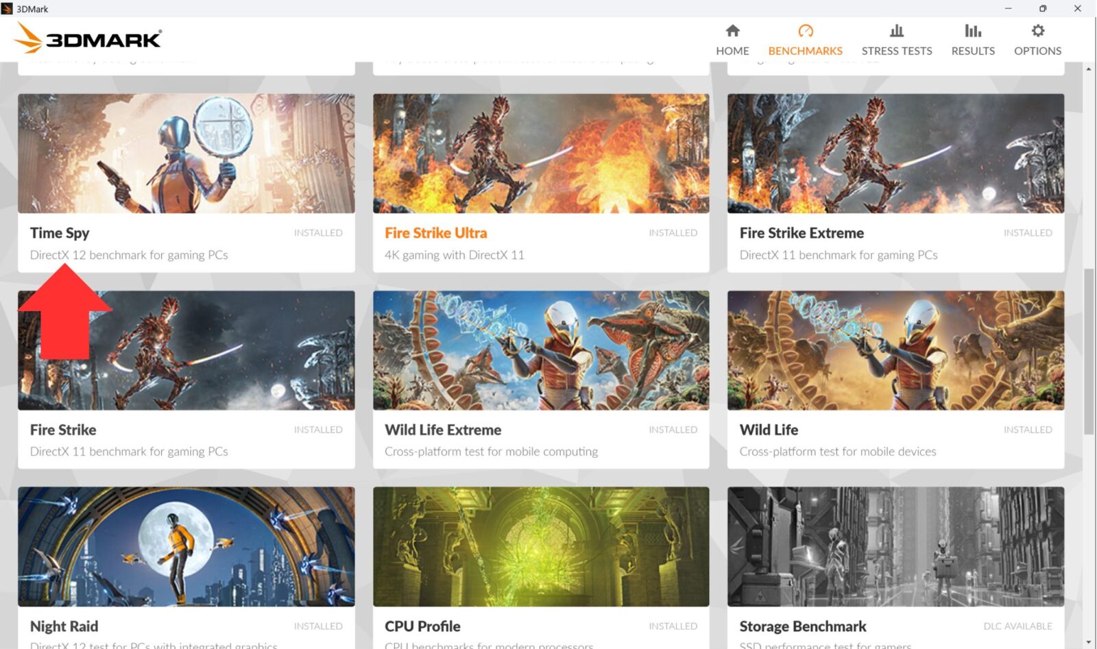 Scroll down the list and locate the Time Spy (not Time Spy Extreme) benchmark and click on that.