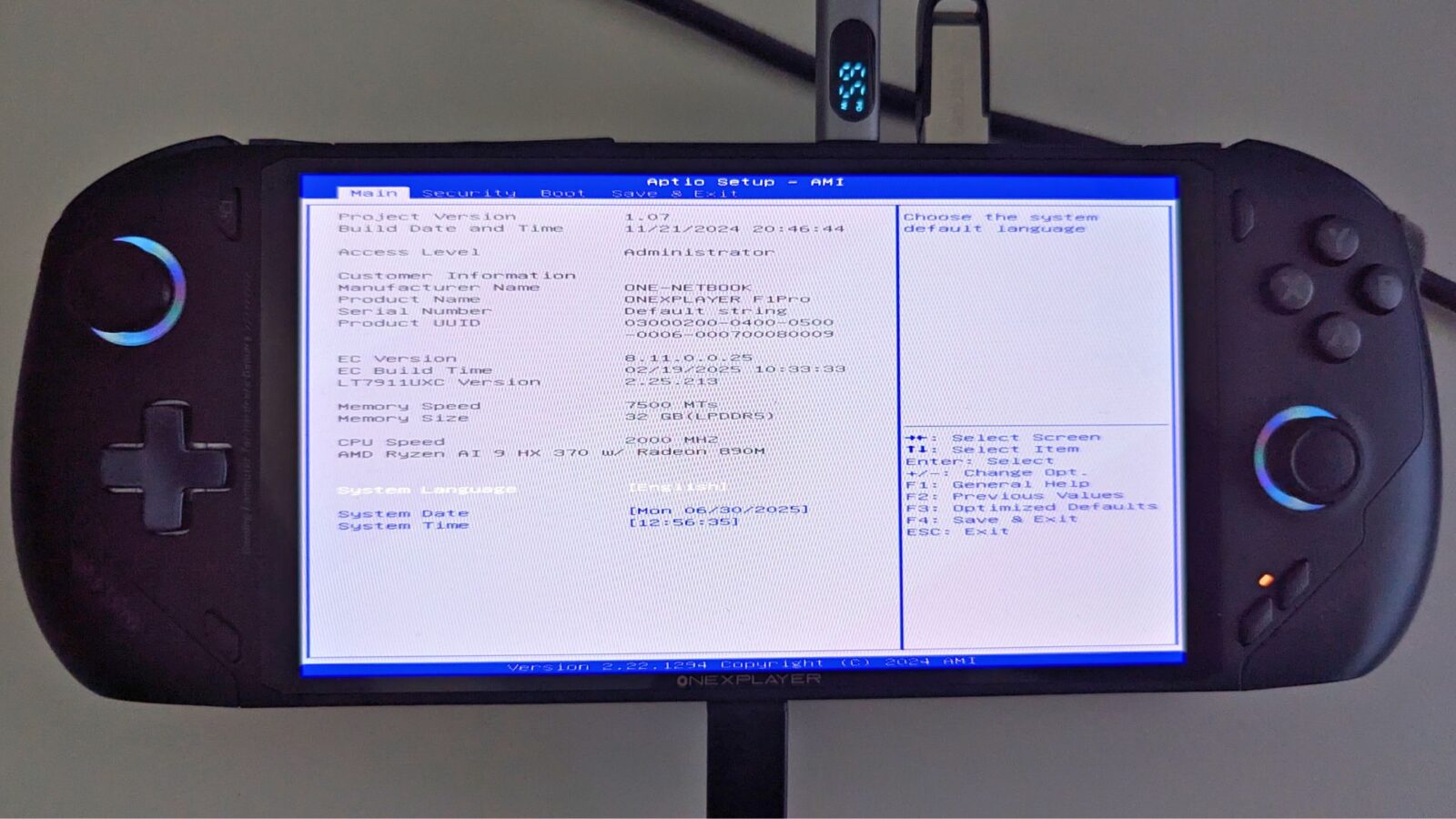 Power on the ONEXPLAYER F1 Pro and press the DEL key on the keyboard a ...