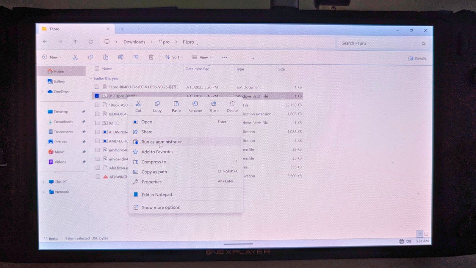 Right click on the 01_F1pro-8840U.bat file and choose Run as administrator . Choose Yes to any ...