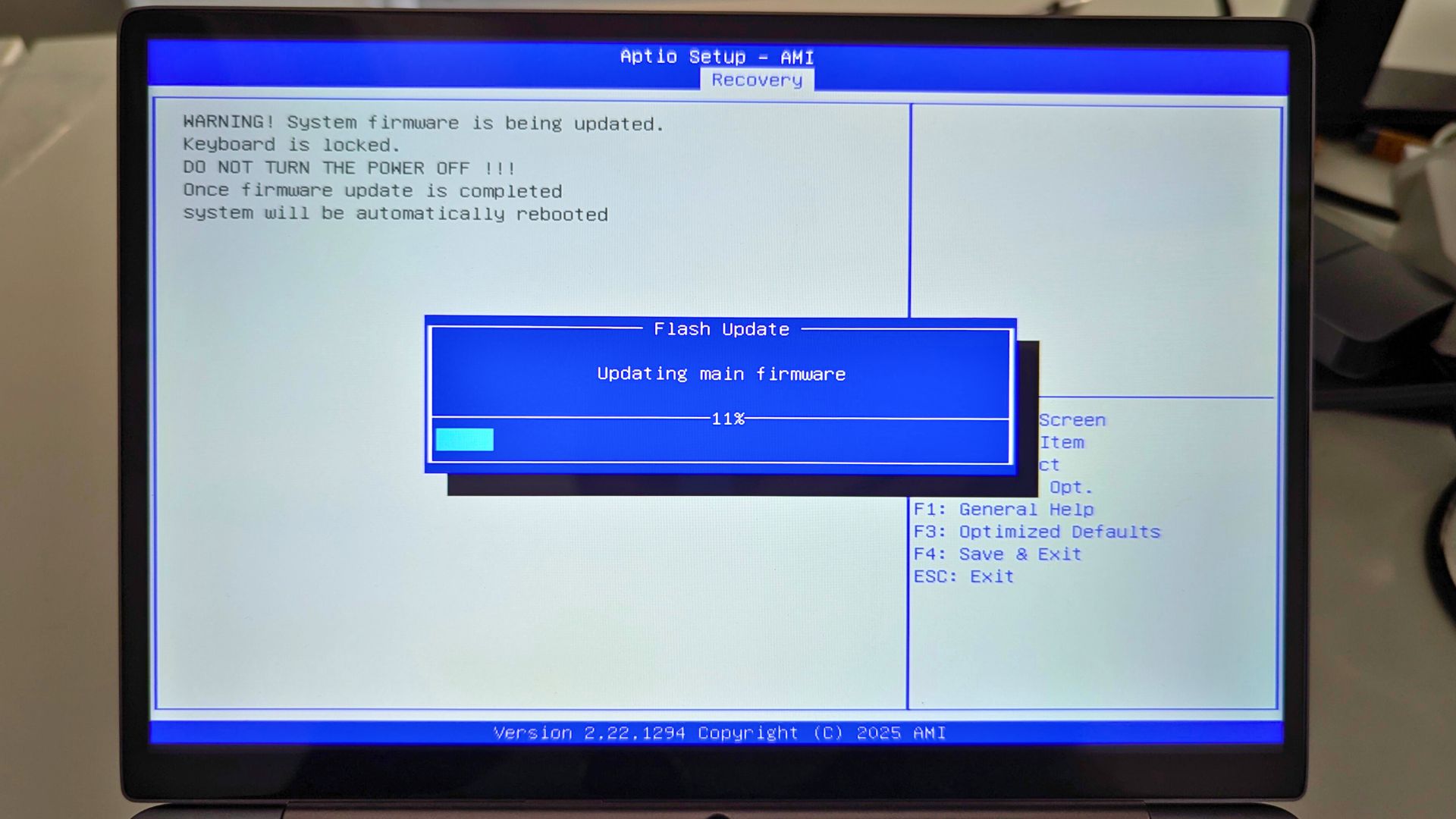 The update process will now begin and show the update progress as it installs the BIOS update ...